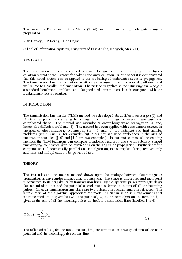 Pdf The Use Of The Transmission Line Matrix Tlm Method For Modelling Underwater Acoustic