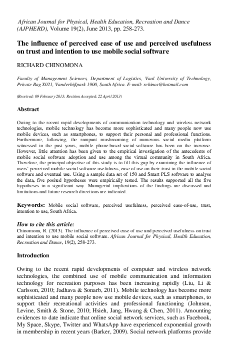 (PDF) The influence of perceived ease of use and perceived usefulness on trust and intention to ...