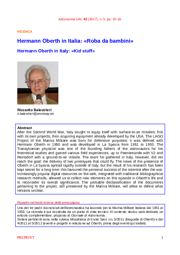 (PDF) Hermann Oberth in Italia: «Roba da bambini» / Hermann Oberth in Italy: «Kid stuff ...