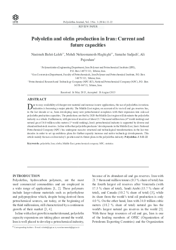 (PDF) Polyolefin and olefin production in Iran: Current and future ...