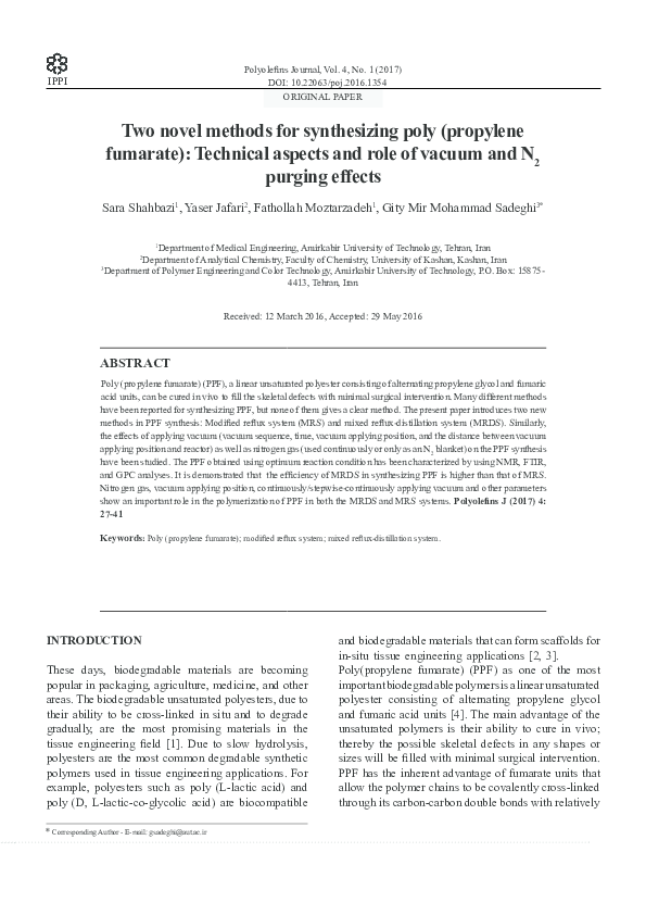 (PDF) Two novel methods for synthesizing poly (propylene fumarate): Technical aspects and role ...