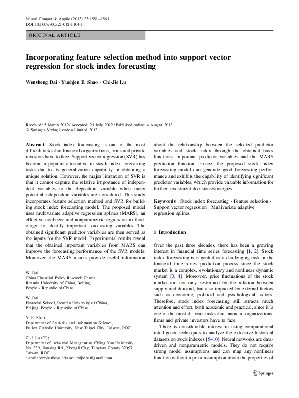Pdf Incorporating Feature Selection Method Into Support Vector Regression For Stock Index