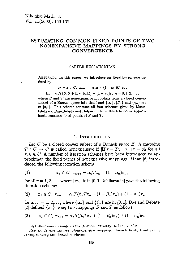 Pdf Estimating Common Fixed Points Of Two Nonexpansive Mappings By Strong Convergence Safeer 
