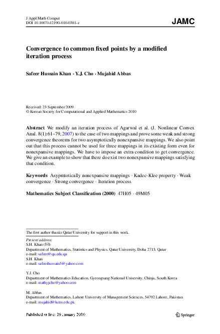 Pdf Convergence To Common Fixed Points By A Modified Iteration Process Safeer H Khan