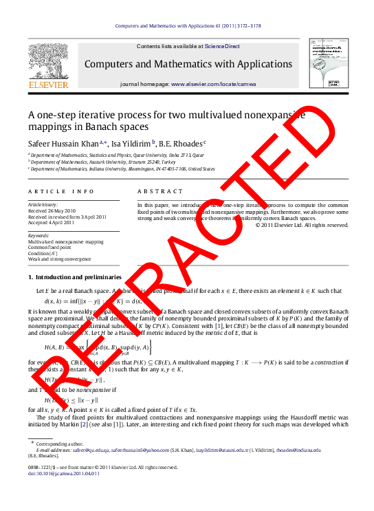 Pdf Retracted A One Step Iterative Process For Two Multivalued Nonexpansive Mappings In