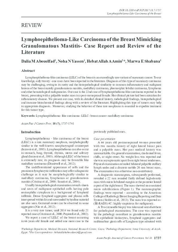 (PDF) Lymphoepithelioma-Like Carcinoma of the Breast Mimicking Granulomatous Mastitis- Case ...