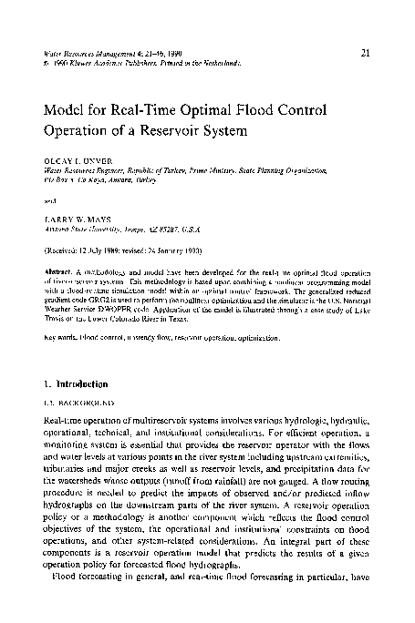 Pdf Model For Real Time Optimal Flood Control Operation Of A