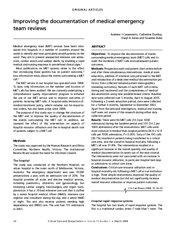 (PDF) Improving the documentation of Medical Emergency Team Reviews