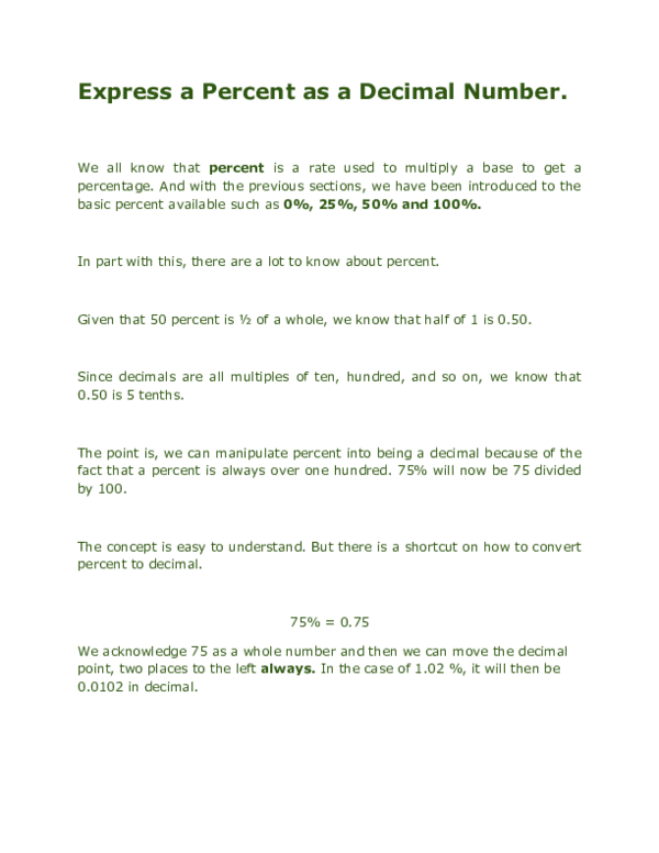 (DOC) Express a Percent as a Decimal Number