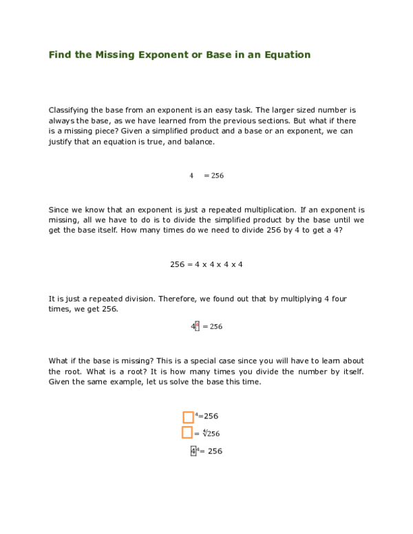 (DOC) Find the Missing Exponent or Base in an Equation