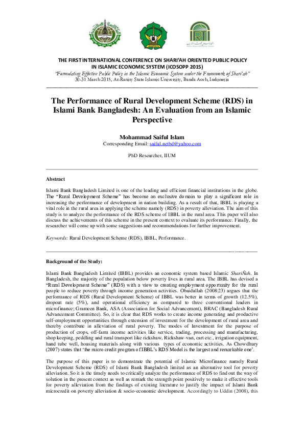 (PDF) The Performance of Rural Development Scheme (RDS) in IBBL An ...