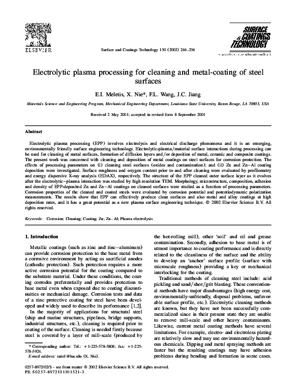(PDF) Electrolytic plasma processing for cleaning and metal-coating of ...