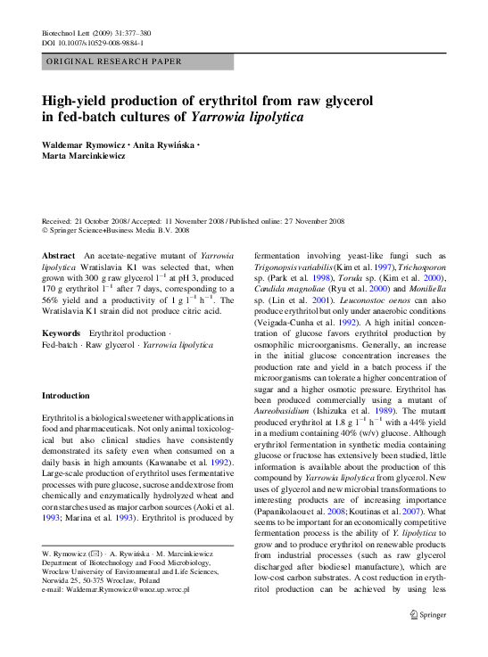 (PDF) High-yield production of erythritol from raw glycerol in fed ...