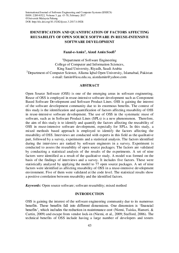 Pdf Identification And Quantification Of Factors Affecting Reusability Of Open Source Software