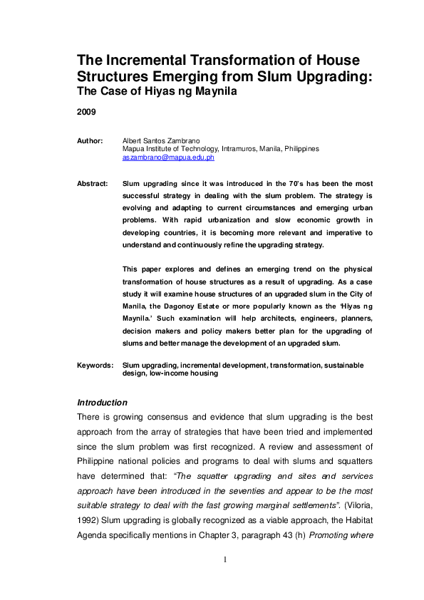 (PDF) The Incremental Transformation of House Structures Emerging from Slum Upgrading: The Case ...