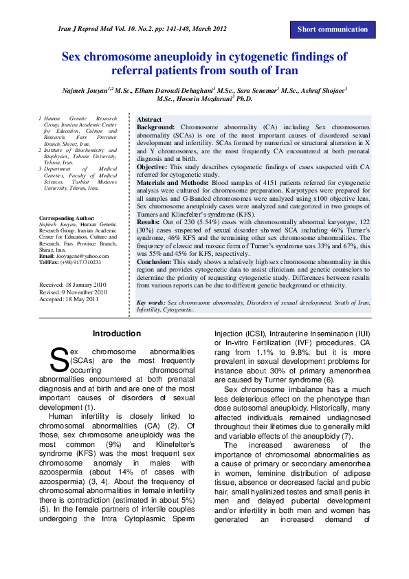 (PDF) Sex chromosome aneuploidy in cytogenetic findings of referral patients from south of Iran