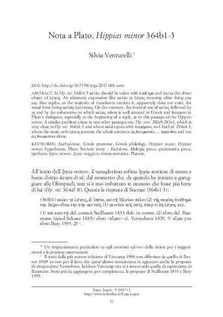 (PDF) Nota a Plato, Hippias minor 364b1-3, "Erga/logoi" 5.1 (2017), pp ...