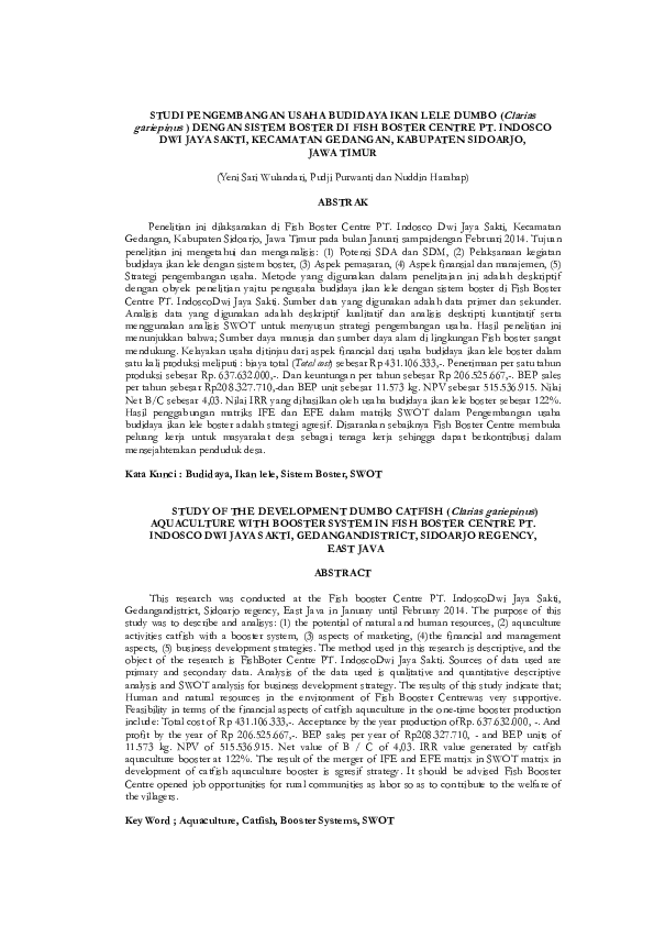 (PDF) STUDI PENGEMBANGAN USAHA BUDIDAYA IKAN LELE DUMBO (Clarias gariepinus ) DENGAN SISTEM ...