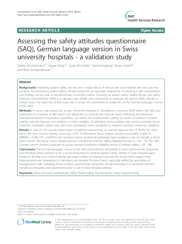 (PDF) Assessing the safety attitudes questionnaire (SAQ), German ...