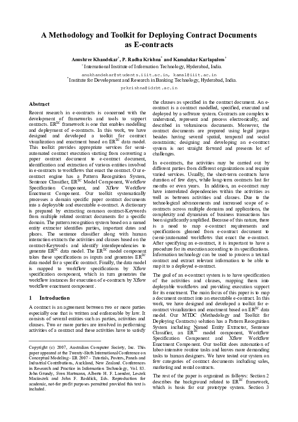 (PDF) A Methodology and Toolkit for Deploying Contract Documents as E-contracts