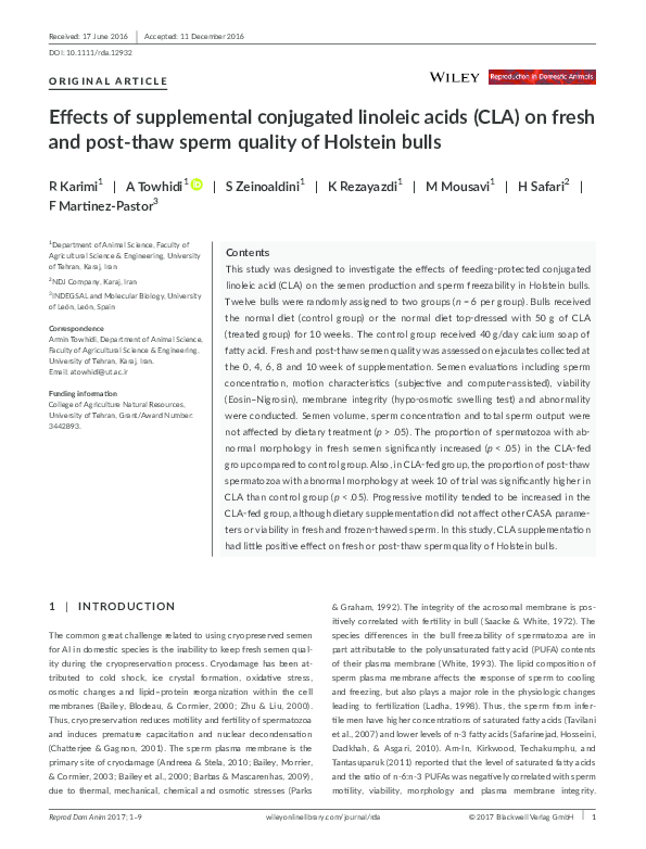 (PDF) Effects of supplemental conjugated linoleic acids (CLA) on fresh and post-thaw sperm ...