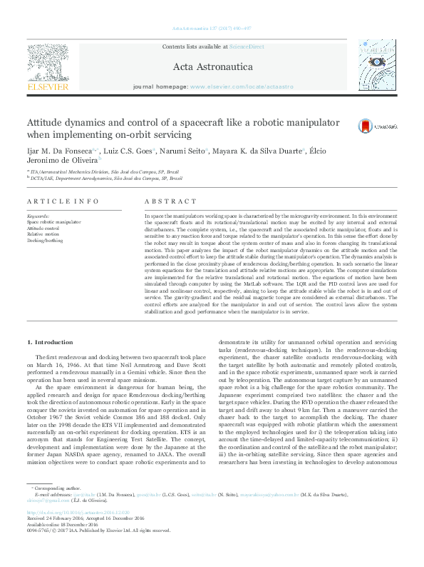 Pdf Attitude Dynamics And Control Of A Spacecraft Like A Robotic Manipulator When Implementing