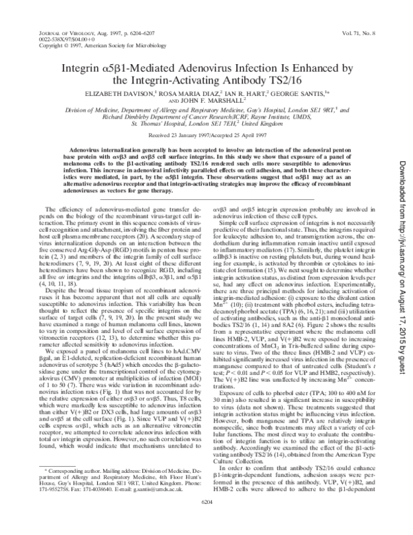 (PDF) Integrin a5b1-Mediated Adenovirus Infection Is Enhanced by the ...