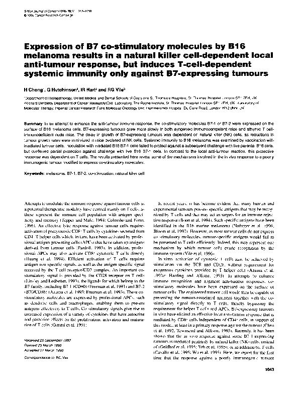 (PDF) Expression of B7 co-stimulatory molecules by B16 melanoma results ...