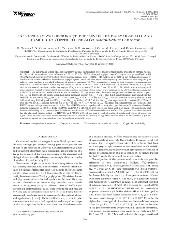 (PDF) Influence of zwitterionic pH buffers on the bioavailability and toxicity of copper to the ...