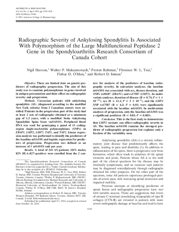 (PDF) Radiographic severity of ankylosing spondylitis is associated with polymorphism of the ...