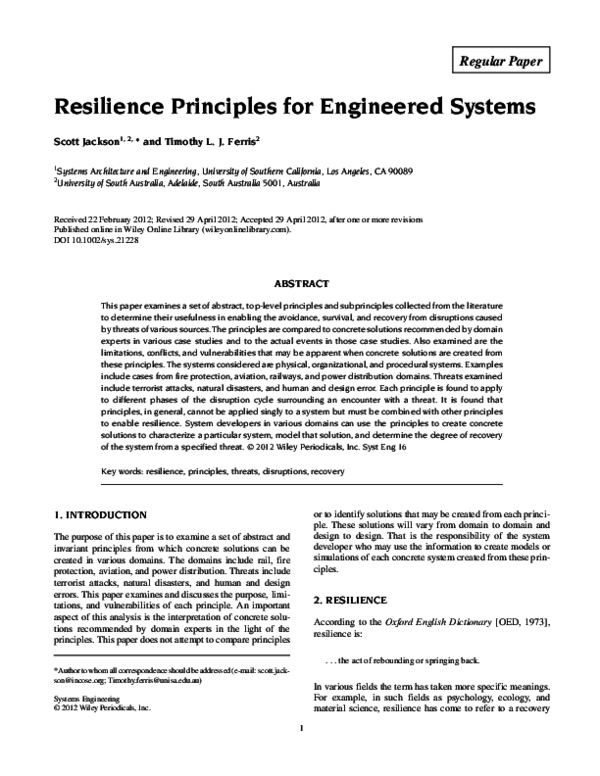 (PDF) Resilience Principles for Engineered Systems