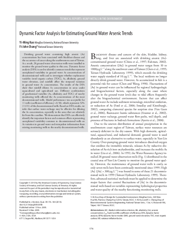 (PDF) Dynamic Factor Analysis for Estimating Ground Water Arsenic Trends