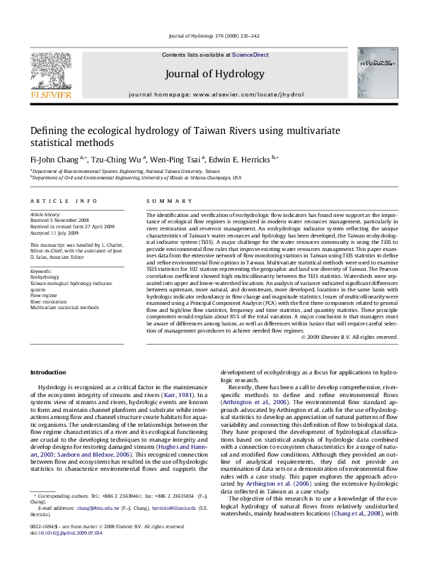 (PDF) Defining the ecological hydrology of Taiwan Rivers using multivariate statistical methods