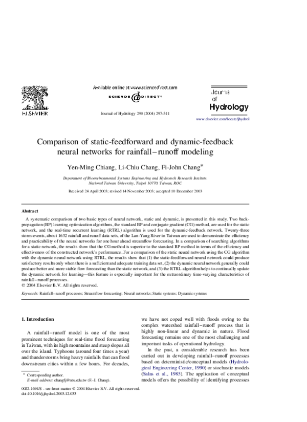 Pdf Comparison Of Static Feedforward And Dynamic Feedback Neural Networks For Rainfallrunoff
