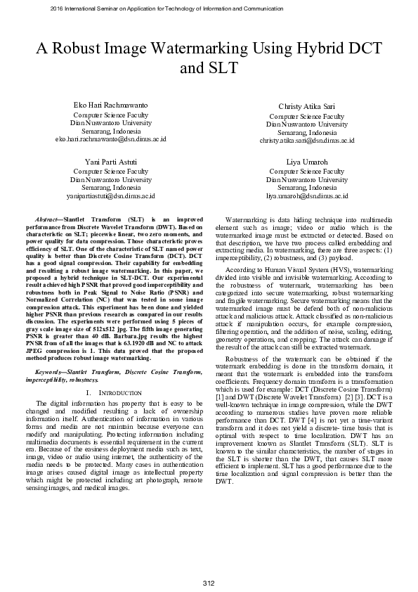 (PDF) A Robust Image Watermarking Using Hybrid DCT and SLT