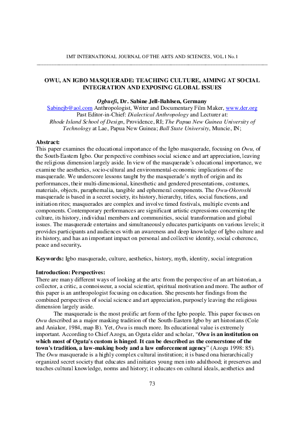 (PDF) OWU, AN IGBO MASQUERADE: TEACHING CULTURE, AIMING AT SOCIAL ...
