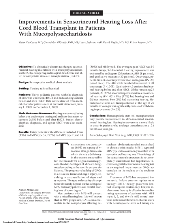 (PDF) Improvements in Sensorineural Hearing Loss After Cord Blood ...