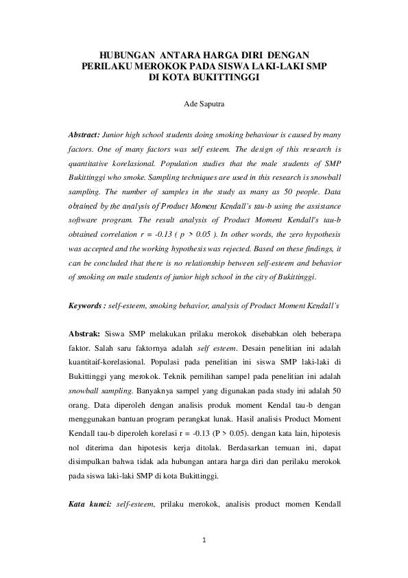 (PDF) HUBUNGAN ANTARA HARGA DIRI DENGAN PERILAKU MEROKOK PADA SISWA LAKI-LAKI SMP DI KOTA ...
