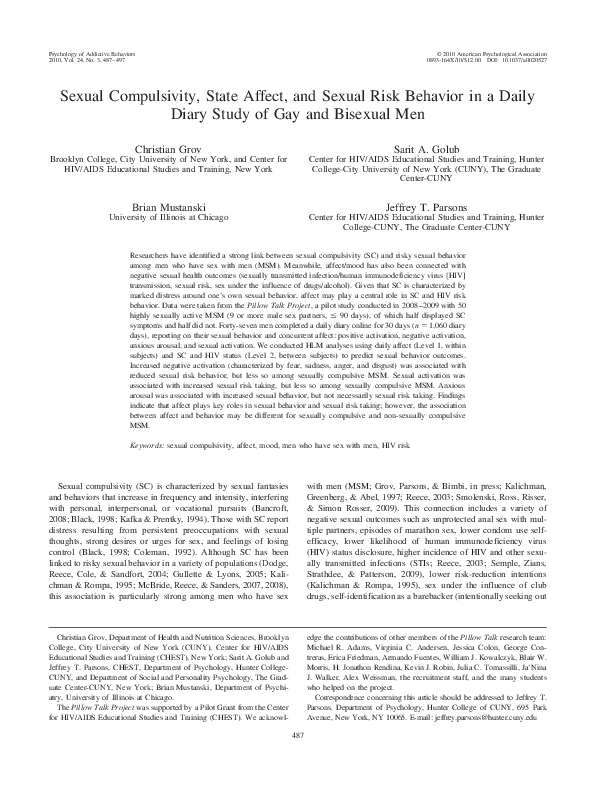 Pdf Grov Et Al 2010 Psychaddbeh Pt Daily Sex Pdf Jeffrey Parsons