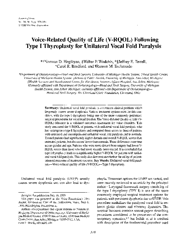 (PDF) Voice-Related Quality of Life (V-RQOL) following type I ...