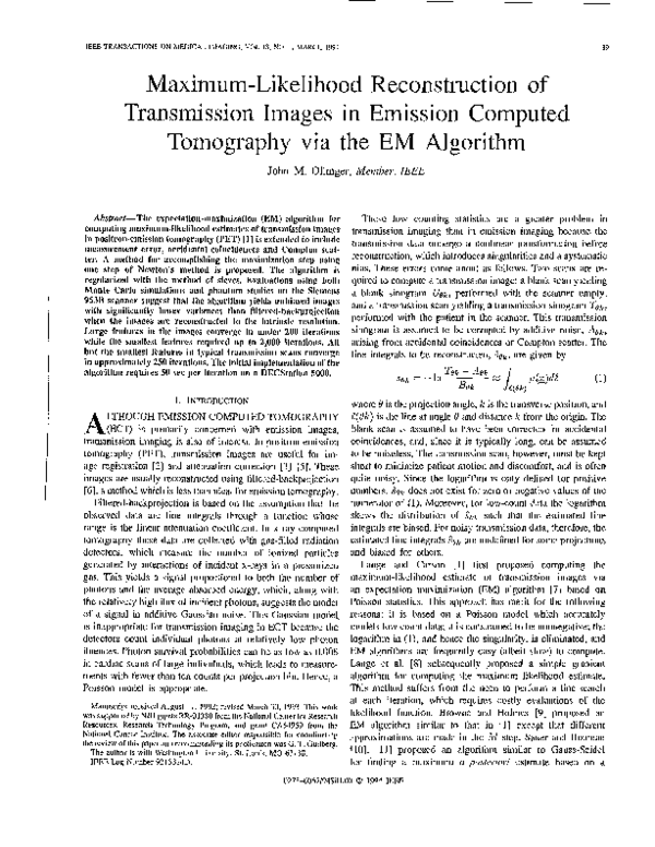 Pdf Maximum Likelihood Reconstruction Of Transmission Images In Emission Computed Tomography 