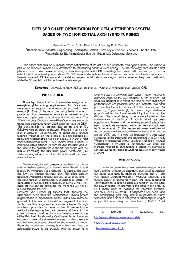 Pdf Diffuser Shape Optimization For Gem A Tethered System Based On Two Horizontal Axis Hydro
