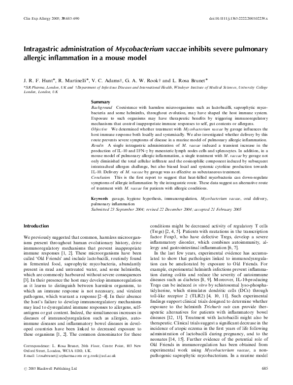 (PDF) Intragastric administration of Mycobacterium vaccae inhibits ...