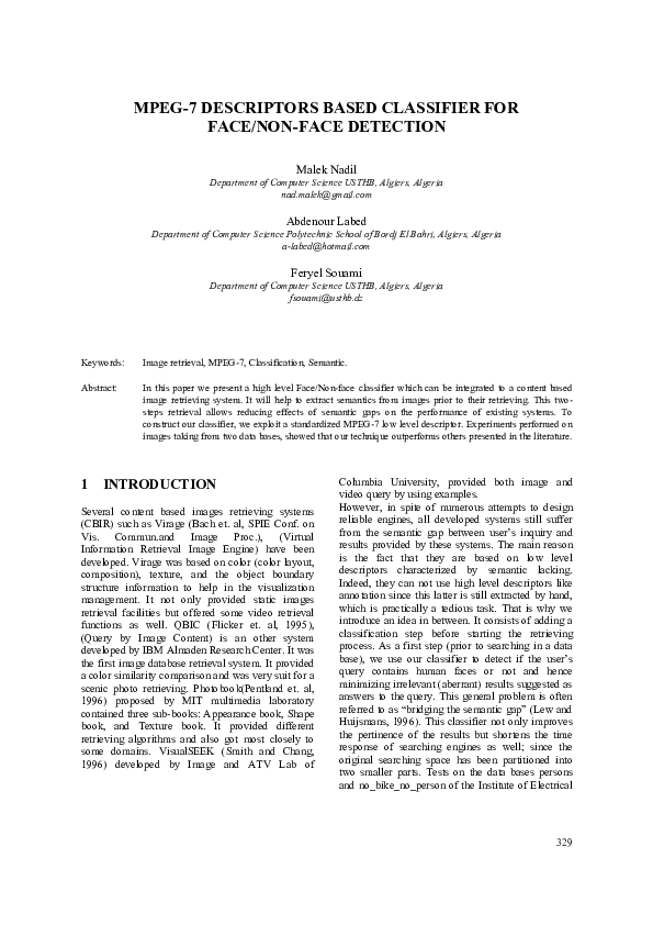 (PDF) MPEG-7 DESCRIPTORS BASED CLASSIFIER FOR FACE/NON-FACE DETECTION