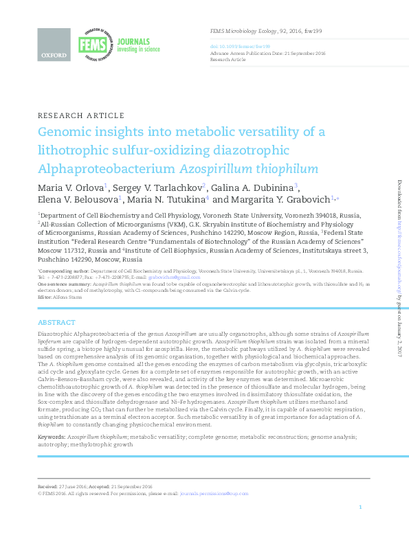 (PDF) Genomic insights into metabolic versatility of a lithotrophic sulfur-oxidizing ...