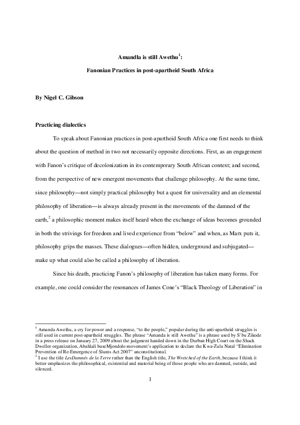 (PDF) Amandla is still Awethu 1 : Fanonian Practices in post-apartheid ...