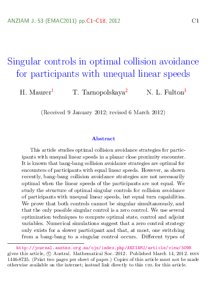 Singular controls in optimal collision avoidance for participants with ... Singular controls in optimal collision avoidance for participants with ...