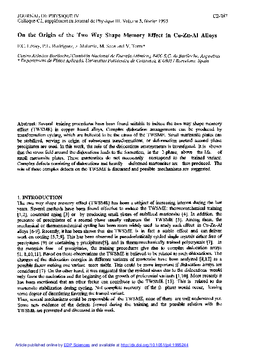 (PDF) On the Origin of the Two Way Shape Memory Effect in Cu-Zn-Al Alloys | Jorge Malarria ...