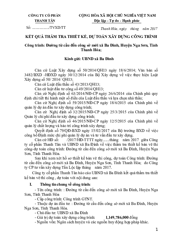 (DOC) CÔNG TY C PH N THANH TÂN C NG HÒA XÃ H I CH NGHĨA VI T NAM Kính g i: UBND xã Ba Đình
