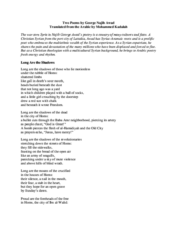 (DOC) Two Poems on the Syrian Tragidy by George Najib Awad Translated ...